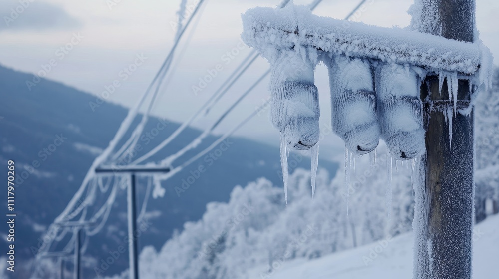 Electricity cables covered in ice after a freezing rain phenomenon ...