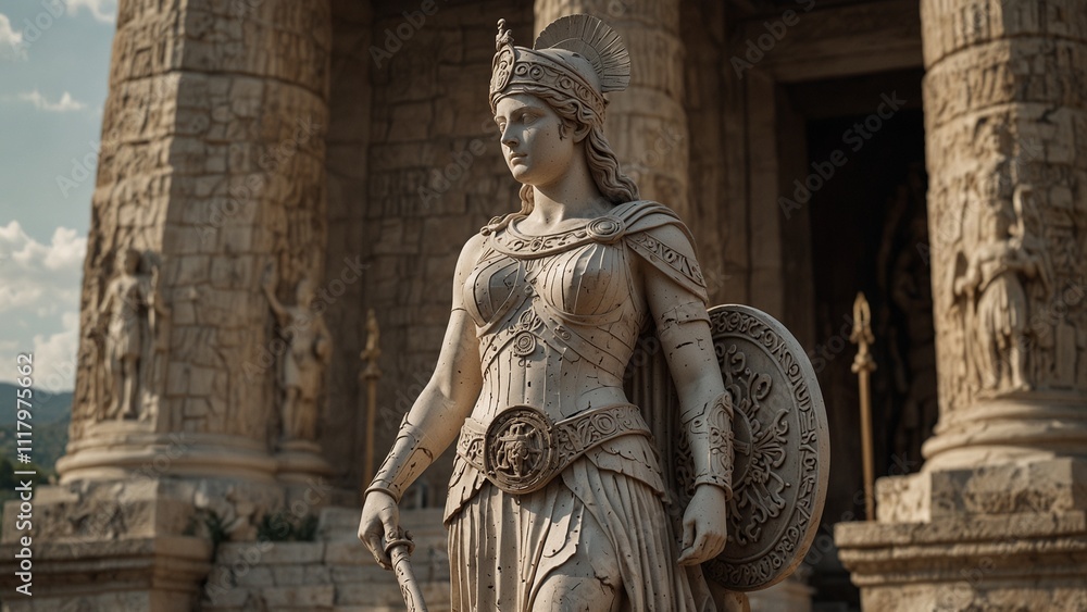 Photo Stock Statue of Athena, the goddess of wisdom and war, holding a ...