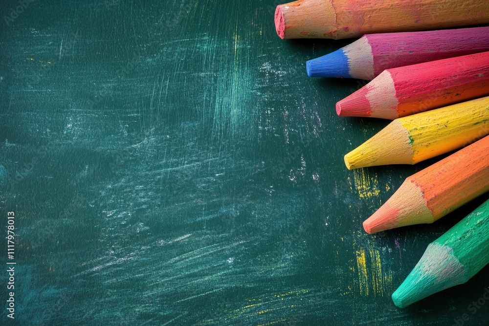 Photo of a school green board with chalk stains with colored crayons or ...