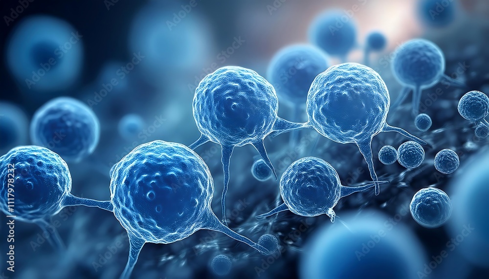 Several blue cells are shown in a microscopic view; background is ...