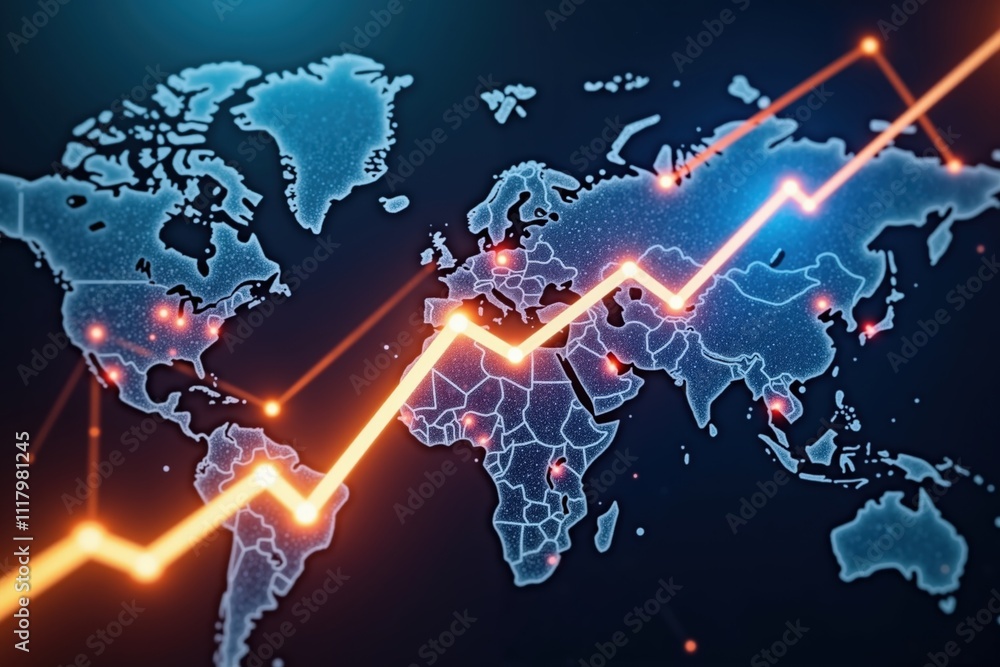 Global economic trends: illuminated world map with rising graph line ...