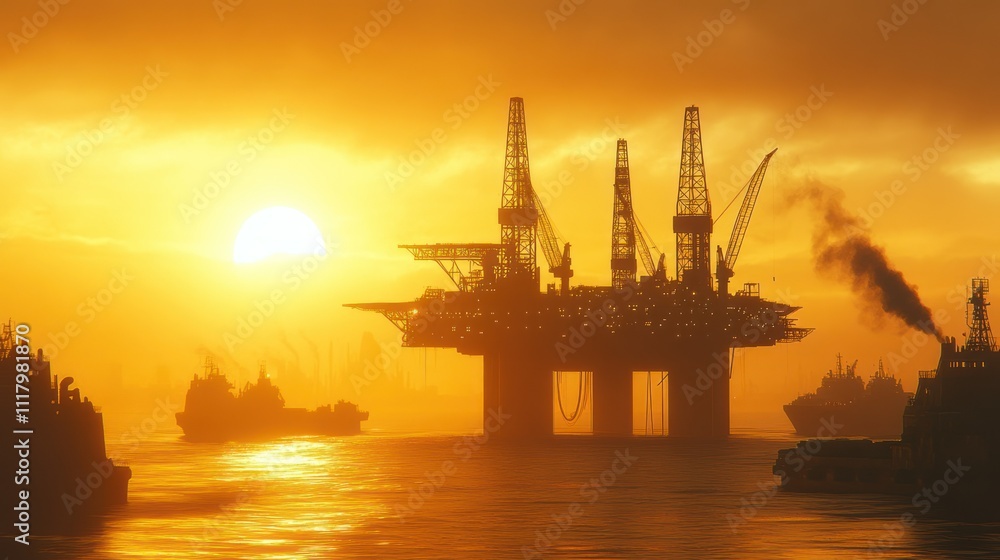 Giant offshore oil rig with golden sunset silhouette, background ...