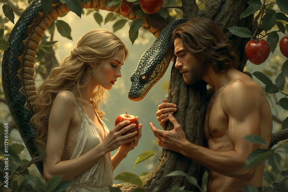 Adam and Eve in Garden of Eden. Eva giving Adam red apple. serpent tempter in paradise ...