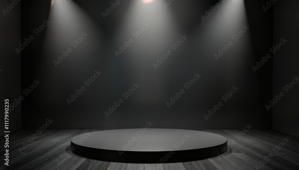 Dark room with spotlights shines on empty black podium. Modern design ...