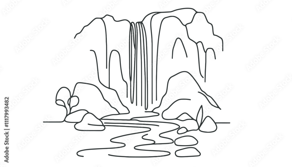 Continuous one line drawing of waterfall and lake. Vector illustration ...
