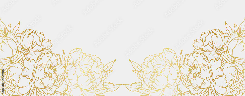 Luxury gold peony flowers background. Floral pattern tropical in line ...