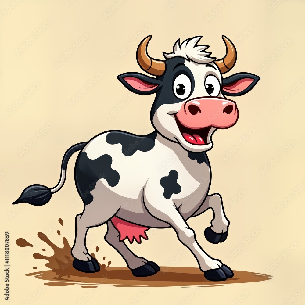 Cartoon cow runs across beige background. Happy expression. Black ...