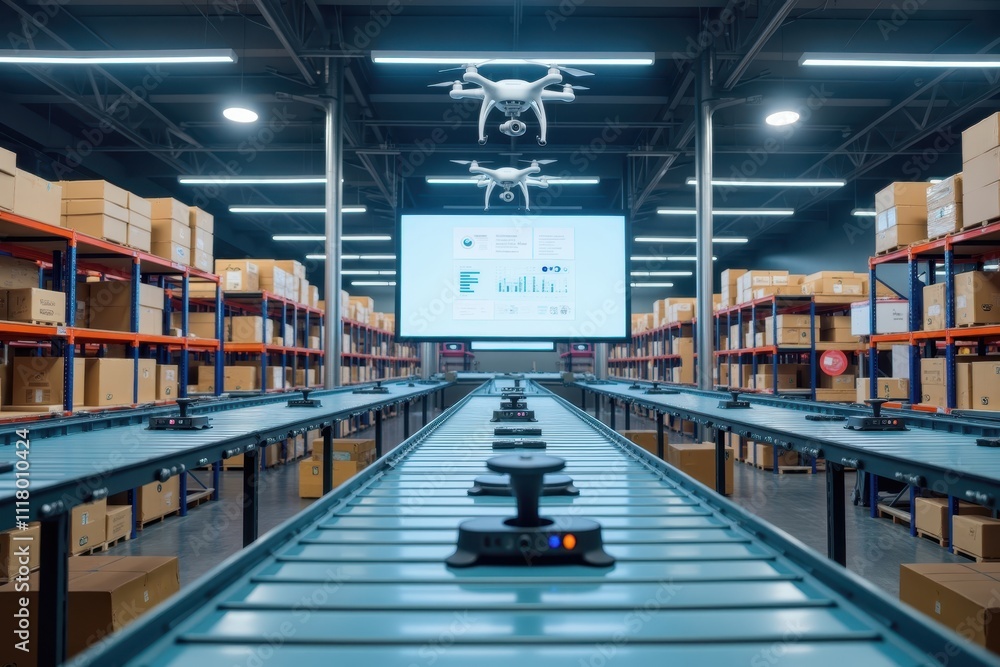 Advanced Warehouse Automation with Drones Overhead and High-Tech ...