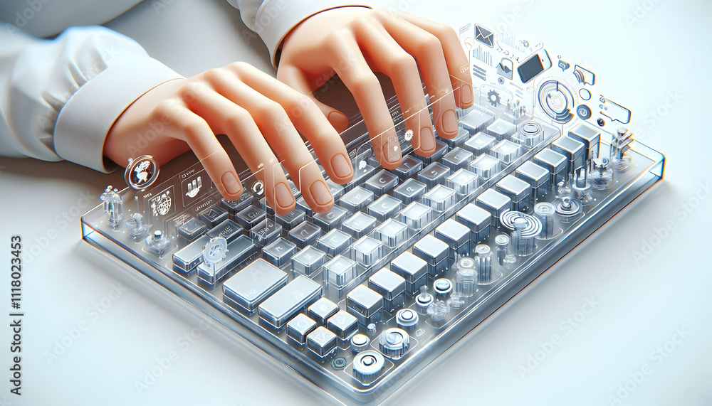 3D Close up of hands typing on transparent cloud keyboard with digital ...