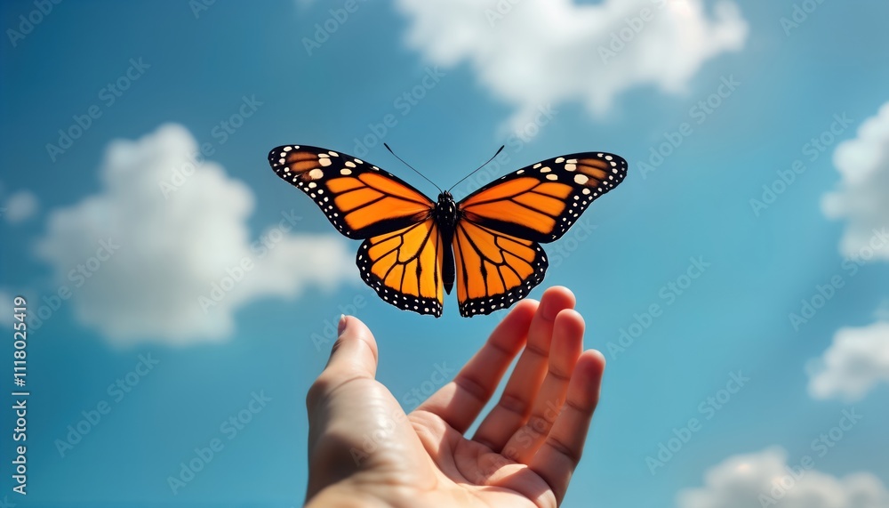 Person releases monarch butterfly into bright blue sky filled with ...