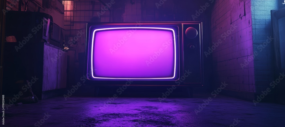 Glowing purple light analog television TV screen on dark room at night ...