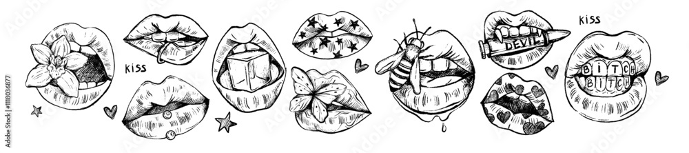 Pencil hand drawn lips doodle set, vector female mouth collection ...