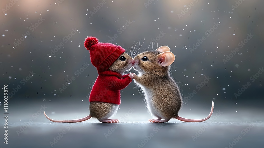 An illustration of two mice in winter attire kissing under a starry ...