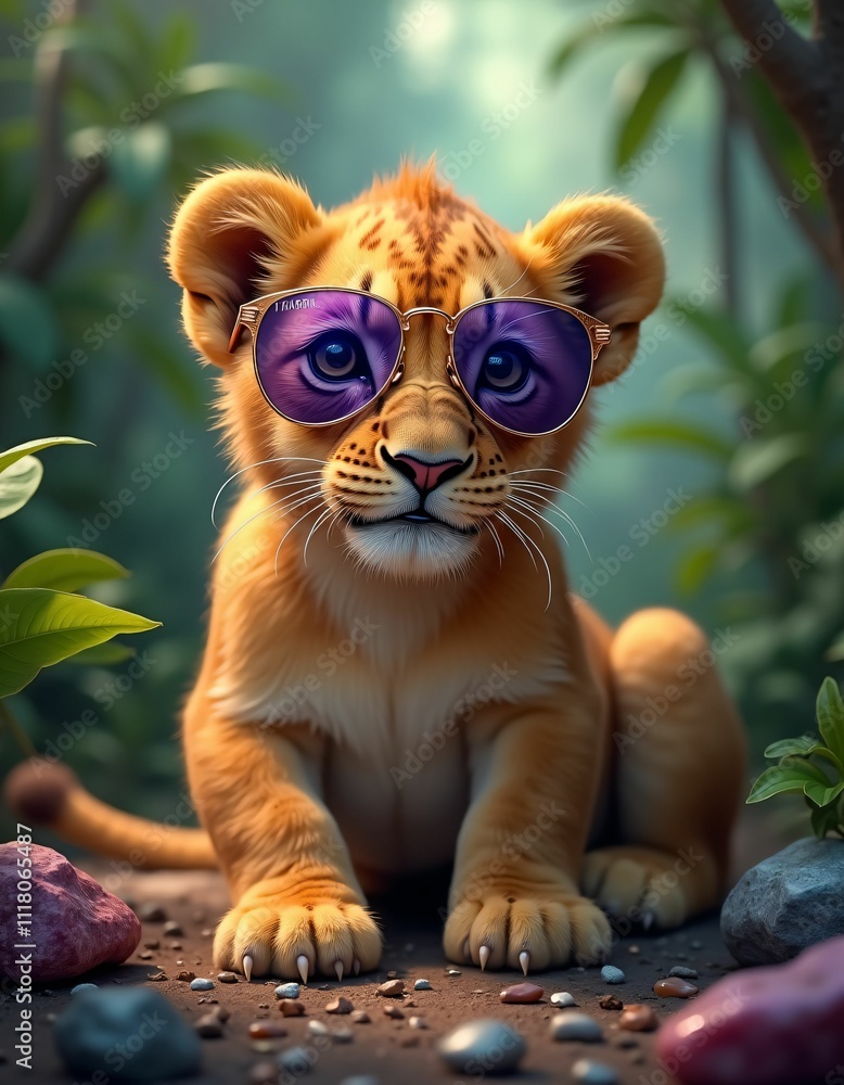 a real genuine lion cub wearing sunglasses in the middle of the ...