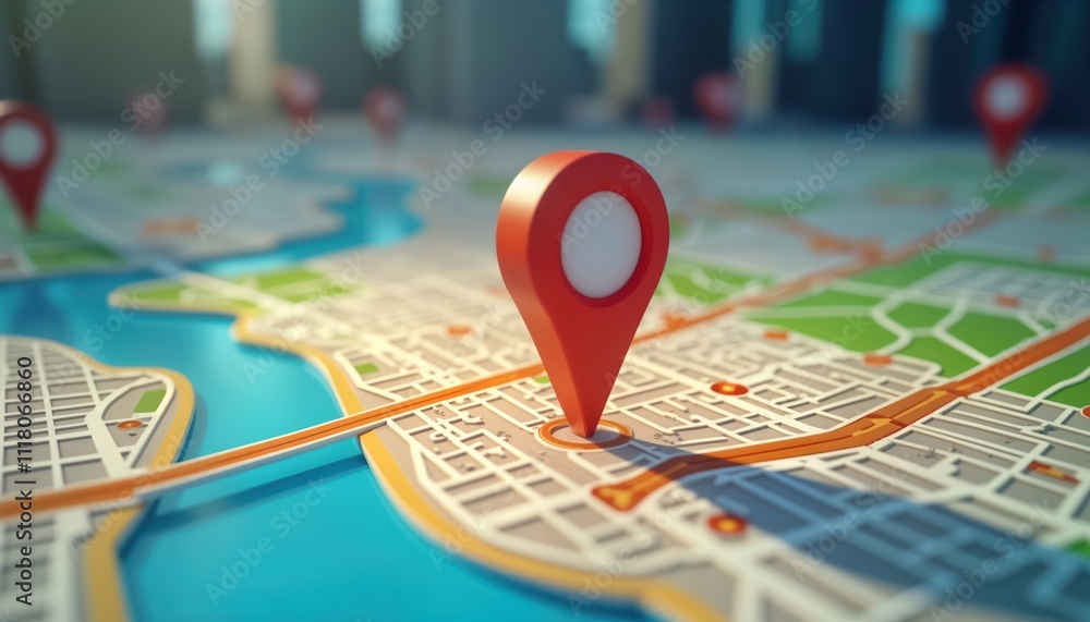 Illustration shows 3d gps map pointer on city map. Navigation concept. Modern tech map with ...