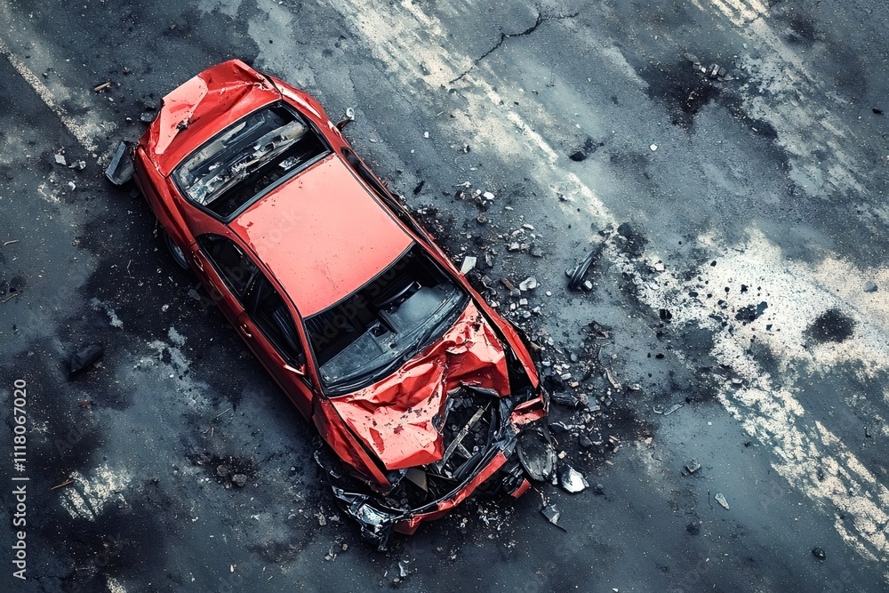 Red car lying damaged and burned after a reckless driving accident ...