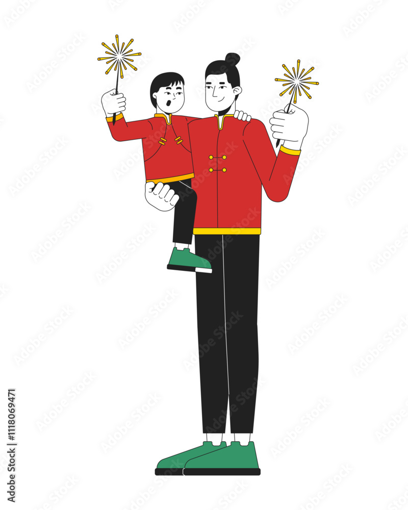 Chinese father with son in tang suits holding sparkler sticks 2D ...