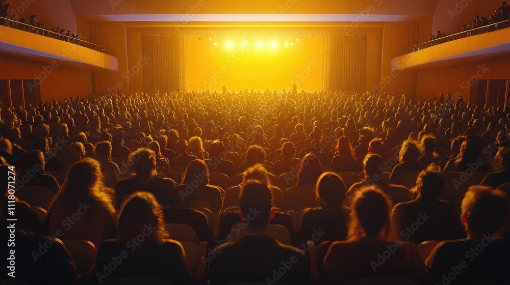 Packed theater audience watching illuminated yellow stage. Silhouetted ...