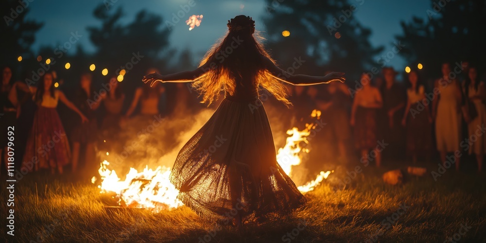 Woman dances around bonfire at night. Group of people celebrate pagan holiday in forest ...