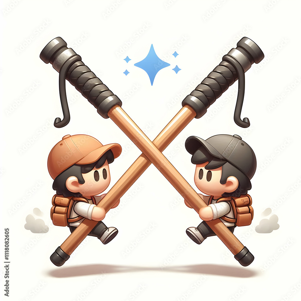 3D Vector of two hiking sticks crossing mid air isolated on white ...