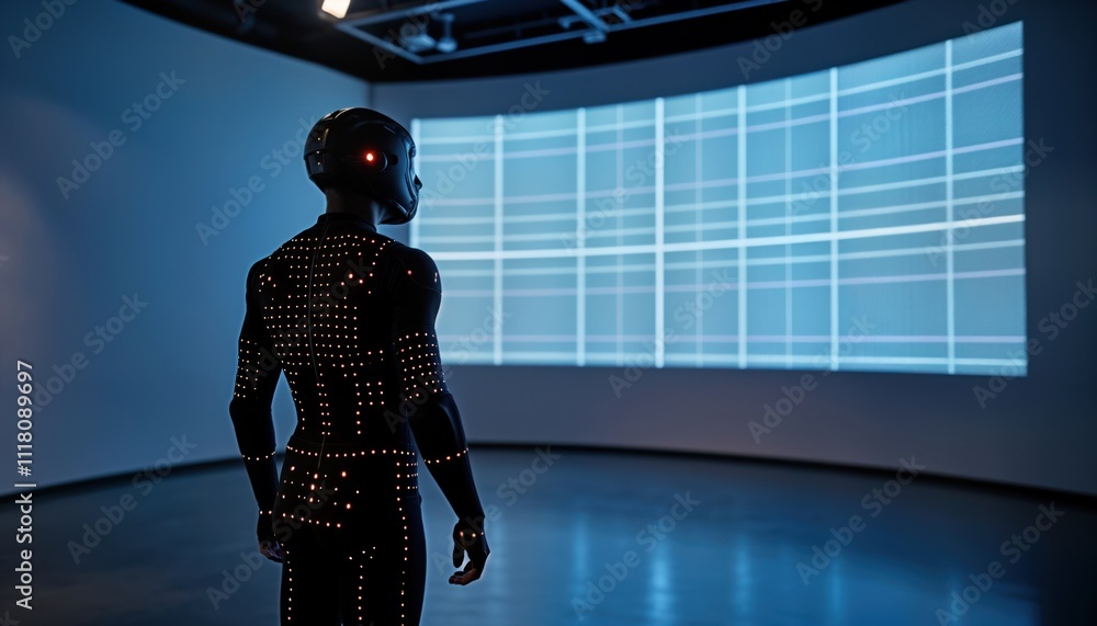 Person in motion capture suit stands in studio facing projection screen ...