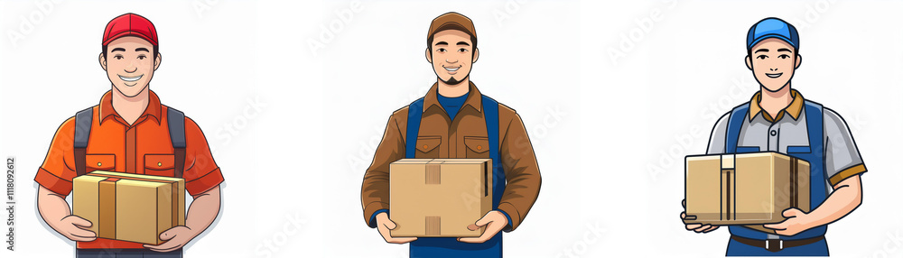 Ilustración de Stock Three delivery workers in different uniforms hold ...