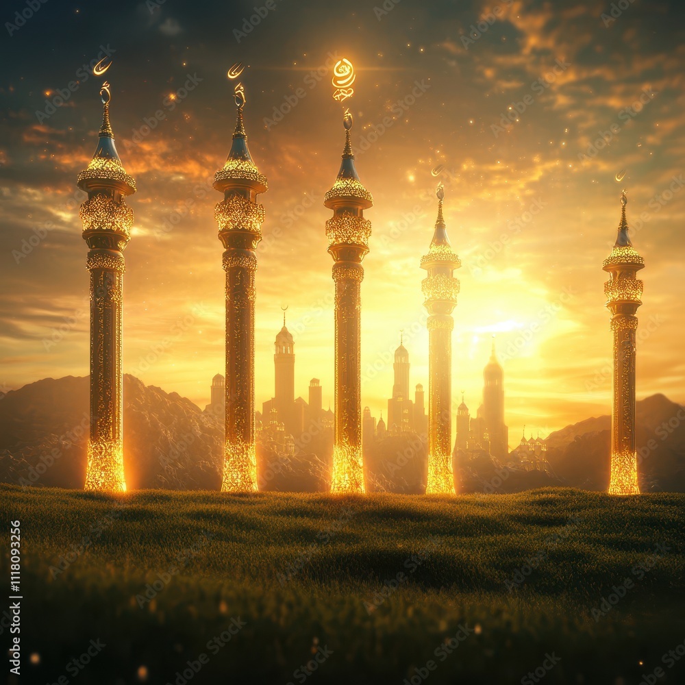 The five pillars of Islam symbolized by glowing structures representing ...