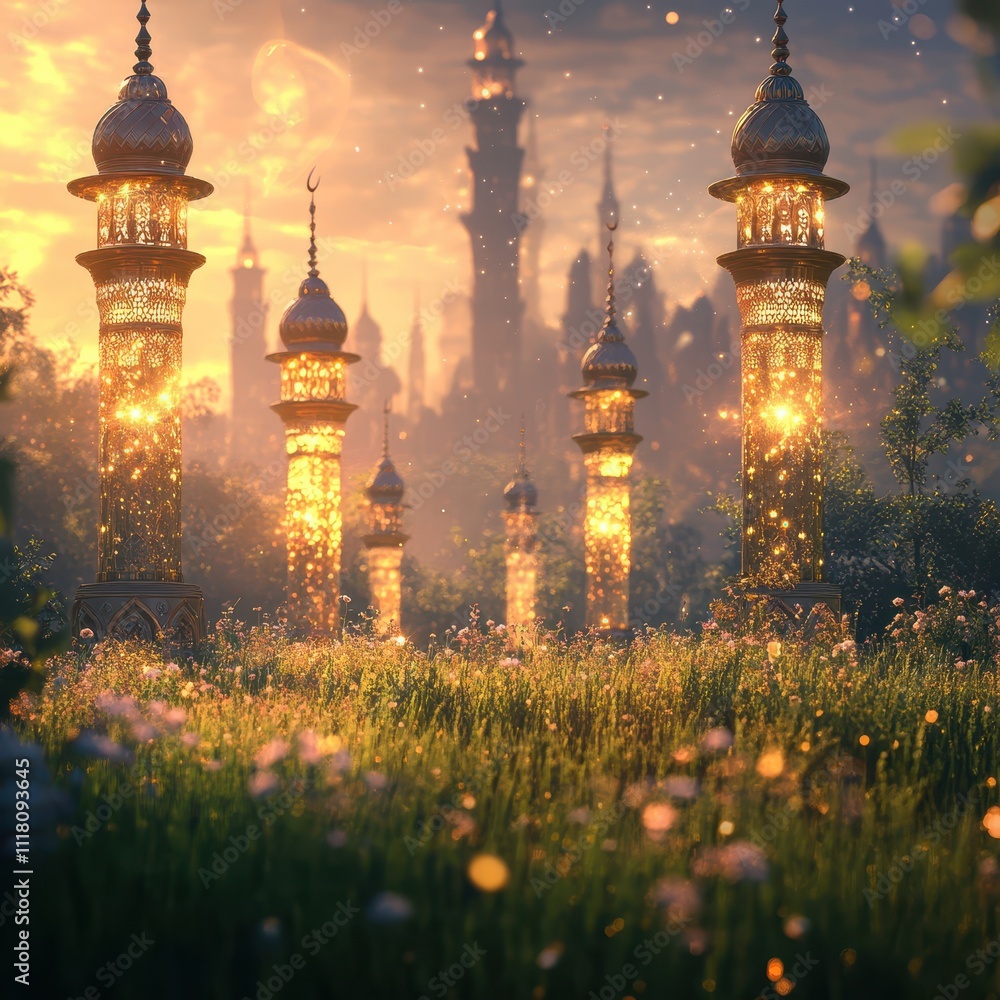 The five pillars of Islam symbolized by glowing structures representing ...