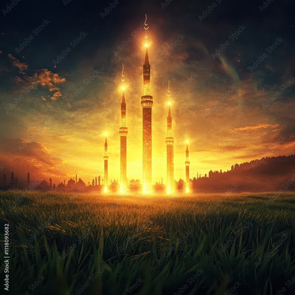 The five pillars of Islam symbolized by glowing structures representing ...