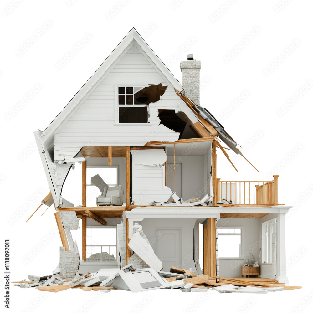 Ilustración de Stock partially collapsed house with exposed interior ...