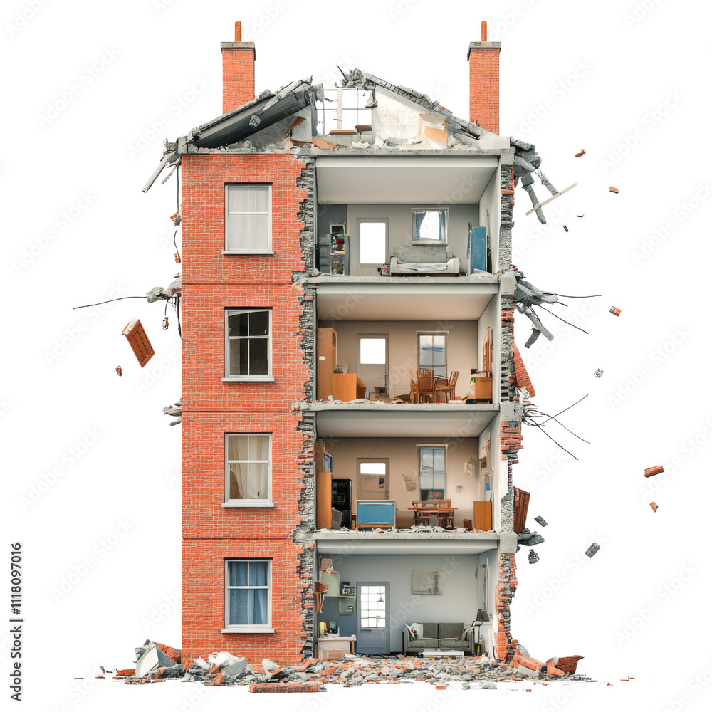 cutaway view of four story brick building reveals detailed interiors ...