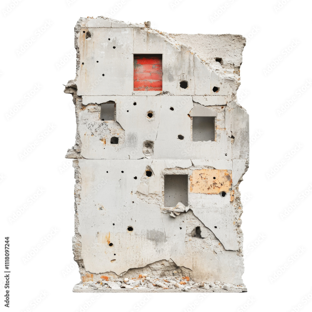 weathered concrete wall with exposed bricks and multiple holes, showing ...