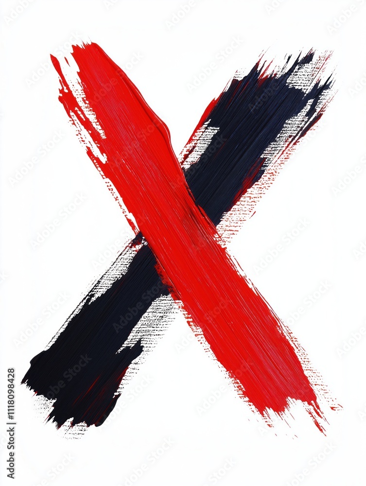 Red and black paint splashes create an X shape on a white background ...