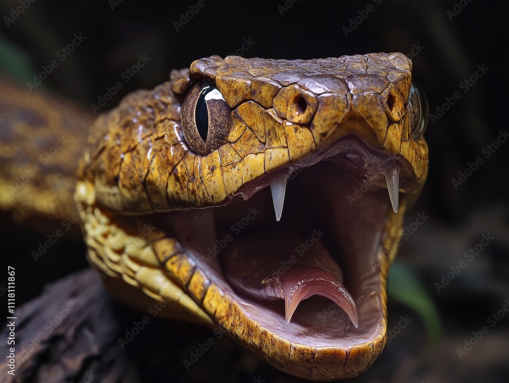 A deadly snake with its jaws wide open, exposing razor-sharp fangs ...
