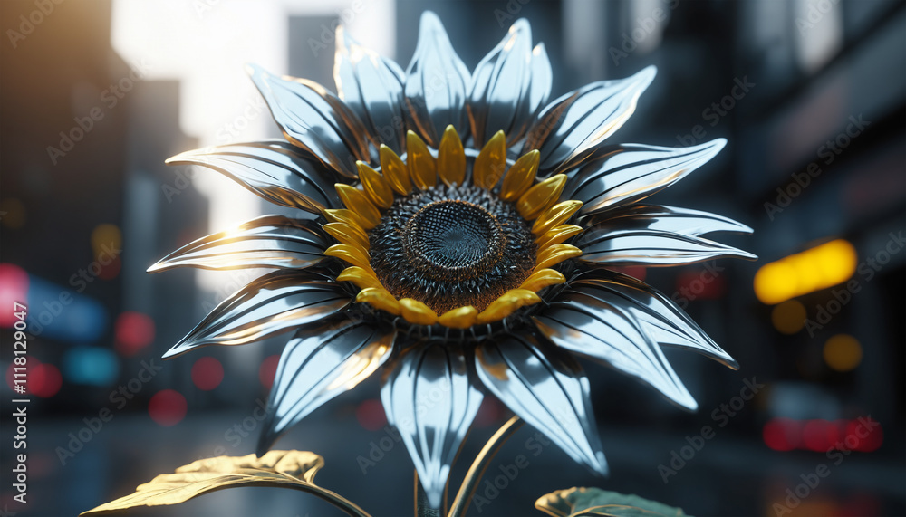 3d render of cyberpunk metallic sunflower, blurry background Stock Illustration | Adobe Stock