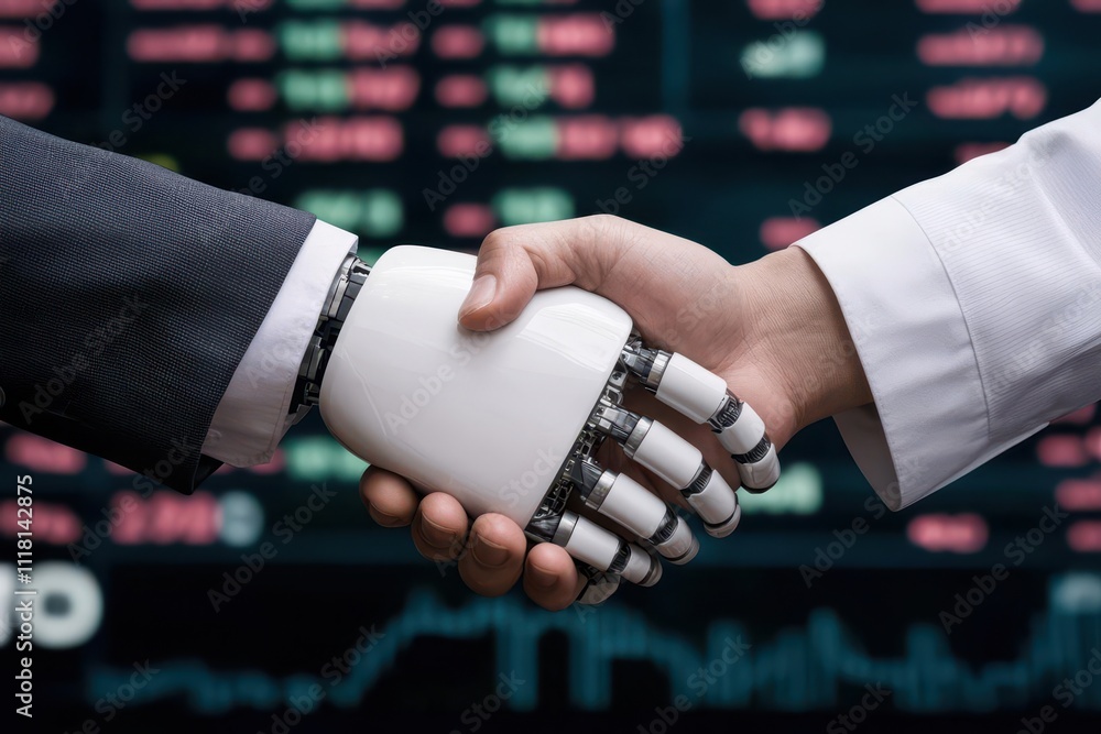 Robotic hand shaking hands with a human in front of a stock market ...