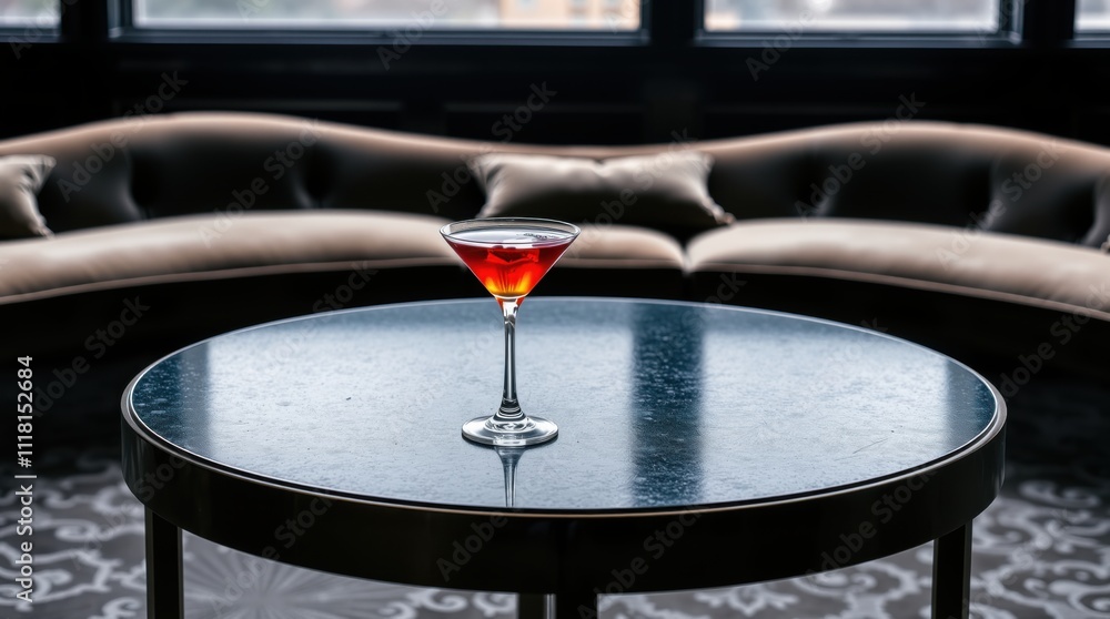Backdrop photo of Martini cocktail on circular table with velvet sofa ...