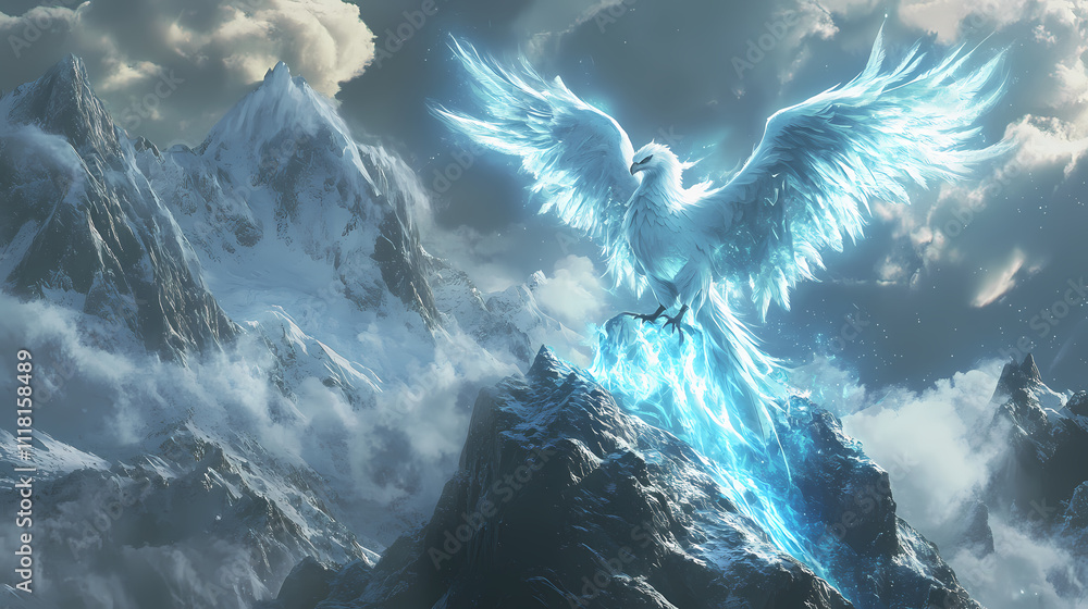 Majestic snowy phoenix perched on a glacial peak with radiant blue ...