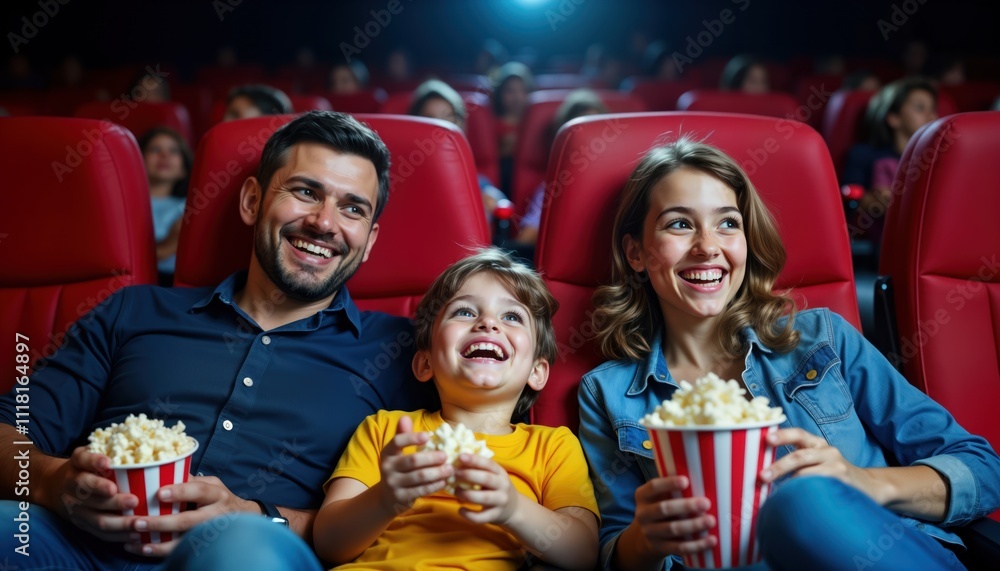 Family enjoying movie at cinema. Parents and child happily watching ...