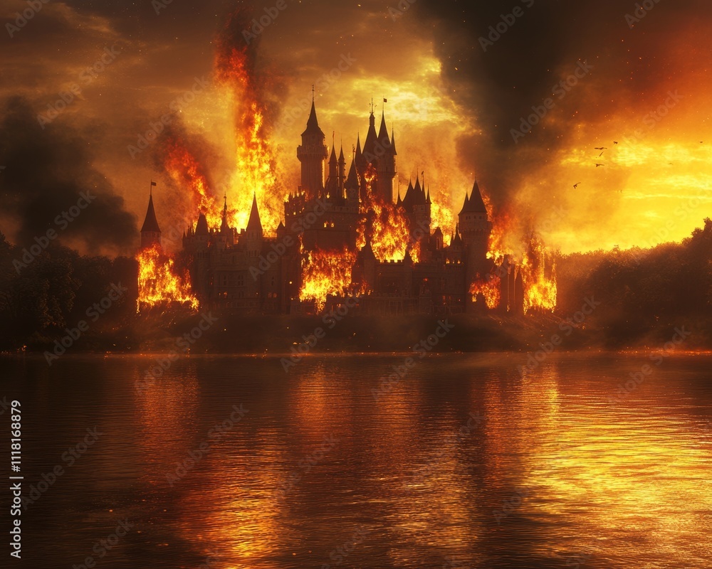 Medieval Castle Under Siege with Fiery Arrows and Blazing Walls Stock Illustration | Adobe Stock