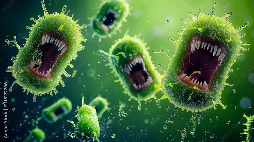 a microscopic view of a group of viruses, their menacing forms ...