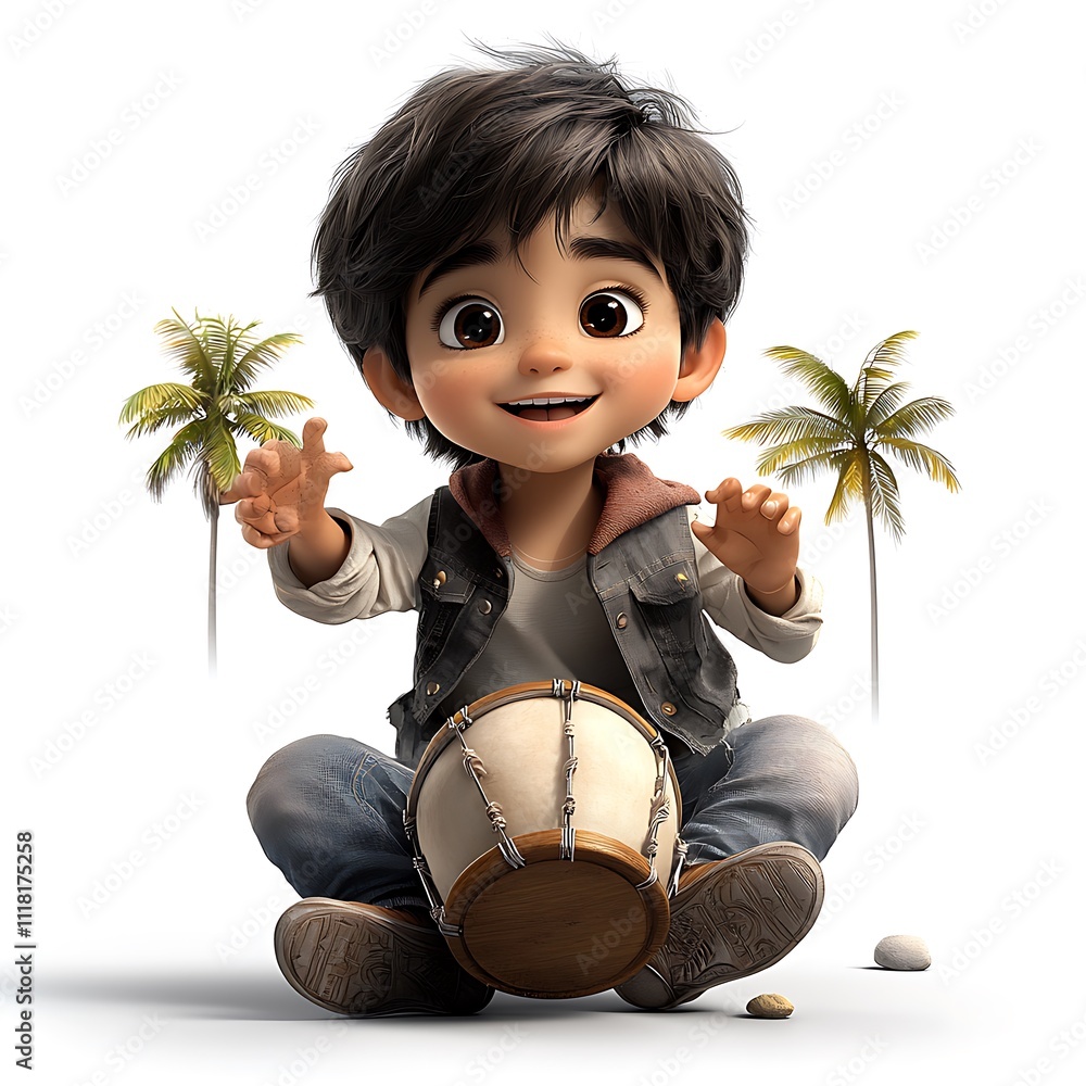Cute cartoon illustration of a Cuban boy playing a bongo drum with palm ...