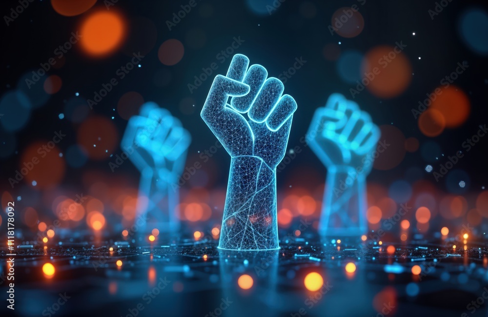 Digital fists raised in futuristic tech network. Unity, revolution ...