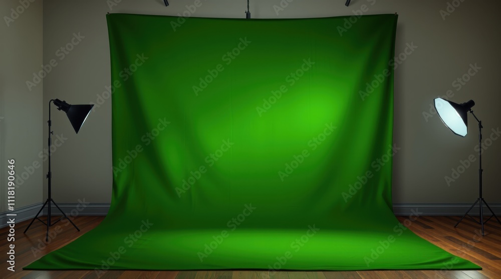 photography studio setup, green screen backdrop, bright studio lights ...