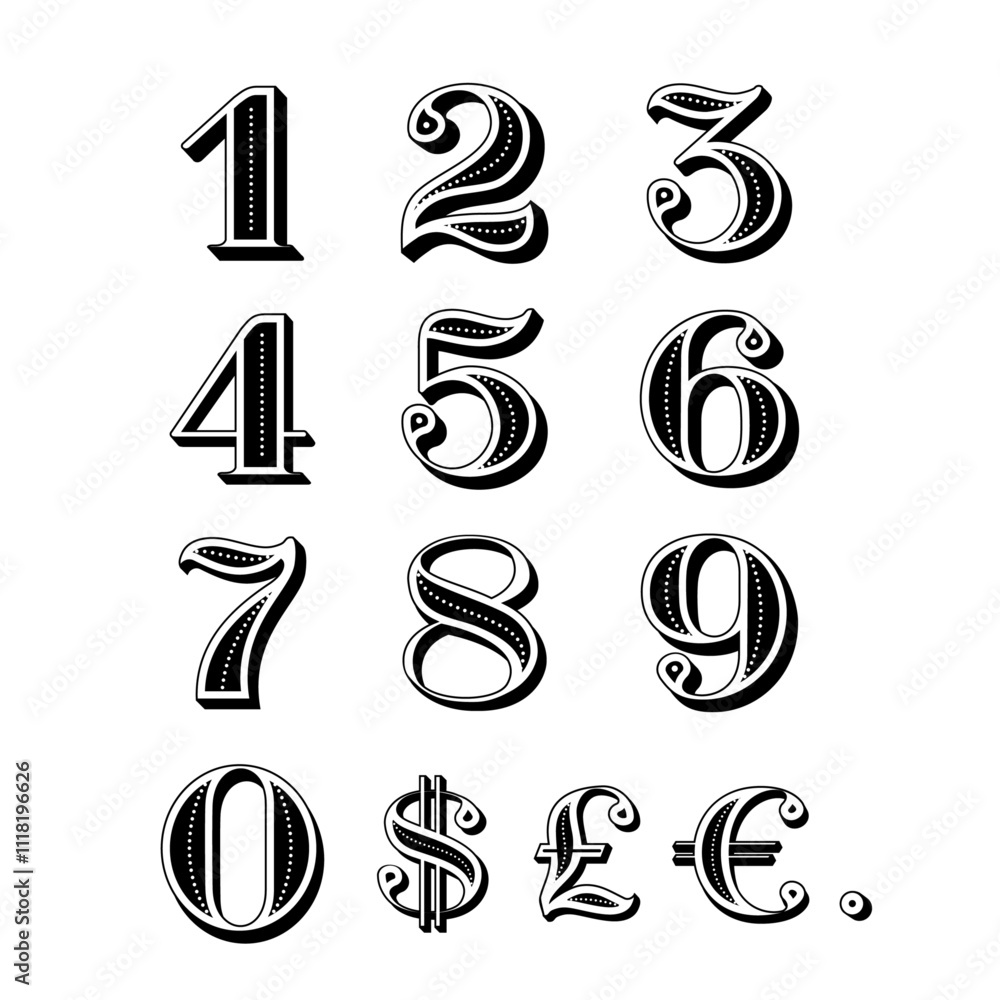 Vector de Stock Number and currency font. Font of numbers in classical ...