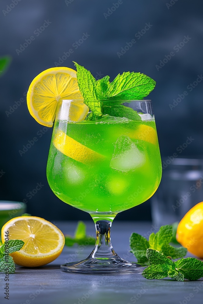 Un cóctel refrescante de color verde, servido en una copa grande ...