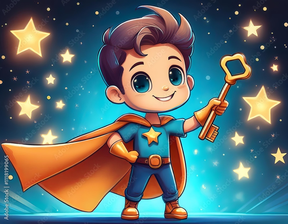 cute cartoon figure representing a password, holding a key in one hand ...