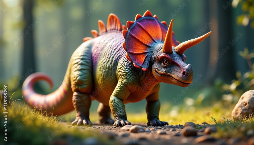 Colorful dinosaur in natural habitat. Protoceratops illustration shows ...