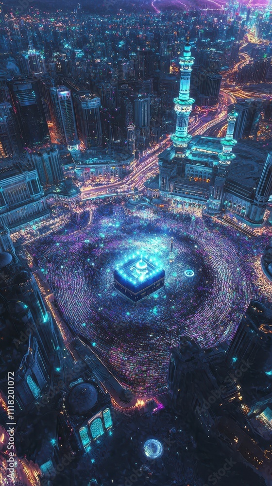The pilgrimage to Mecca visualized in futuristic art, glowing Kaaba and ...