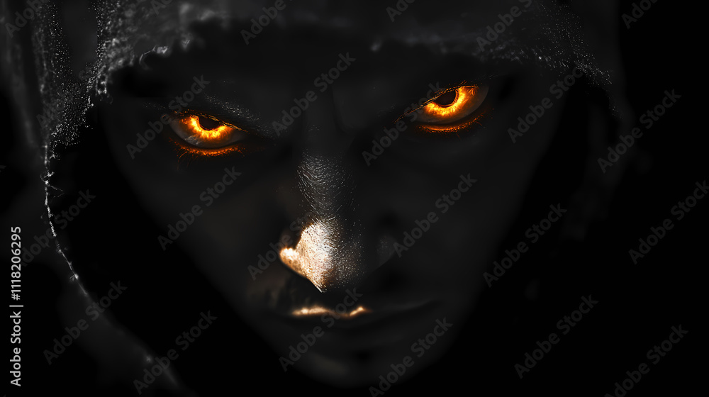 From the depths of darkness, a demonic face emerges, its glowing eyes ...